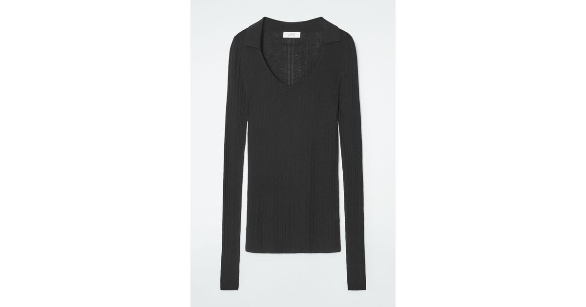 COS The Open-collar Merino Wool Top in Black | Lyst