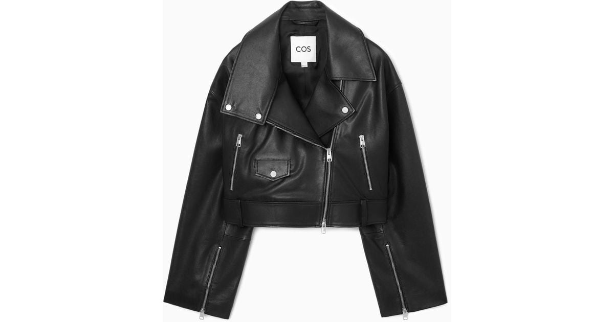 COS Oversized Cropped Leather Biker Jacket in Black | Lyst