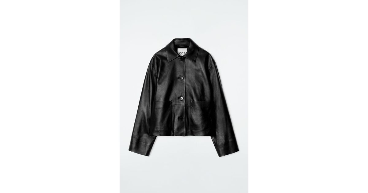 COS Boxy Collared Leather Jacket in Black | Lyst