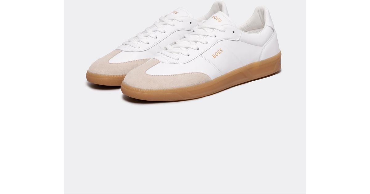 BOSS Brandon Leather And Suede Trainers With Embossed Logos in White ...