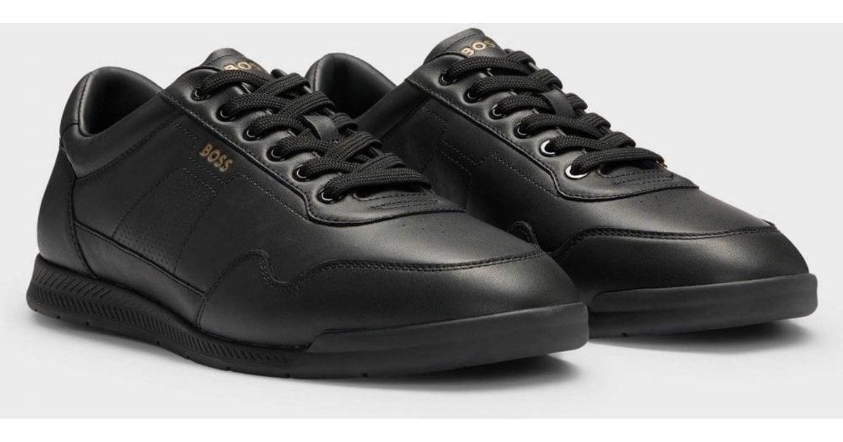 BOSS Titanium Nappa-leather Trainers With Perforated Details in Black ...