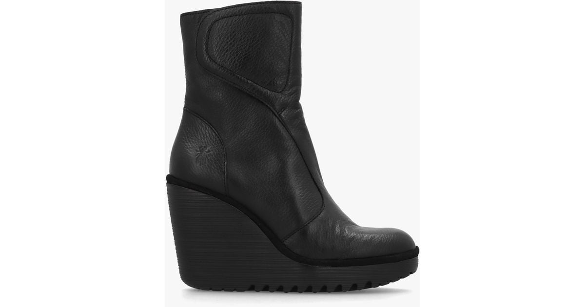 Fly London Dally Black Full Grain Leather High Wedge Ankle Boots | Lyst
