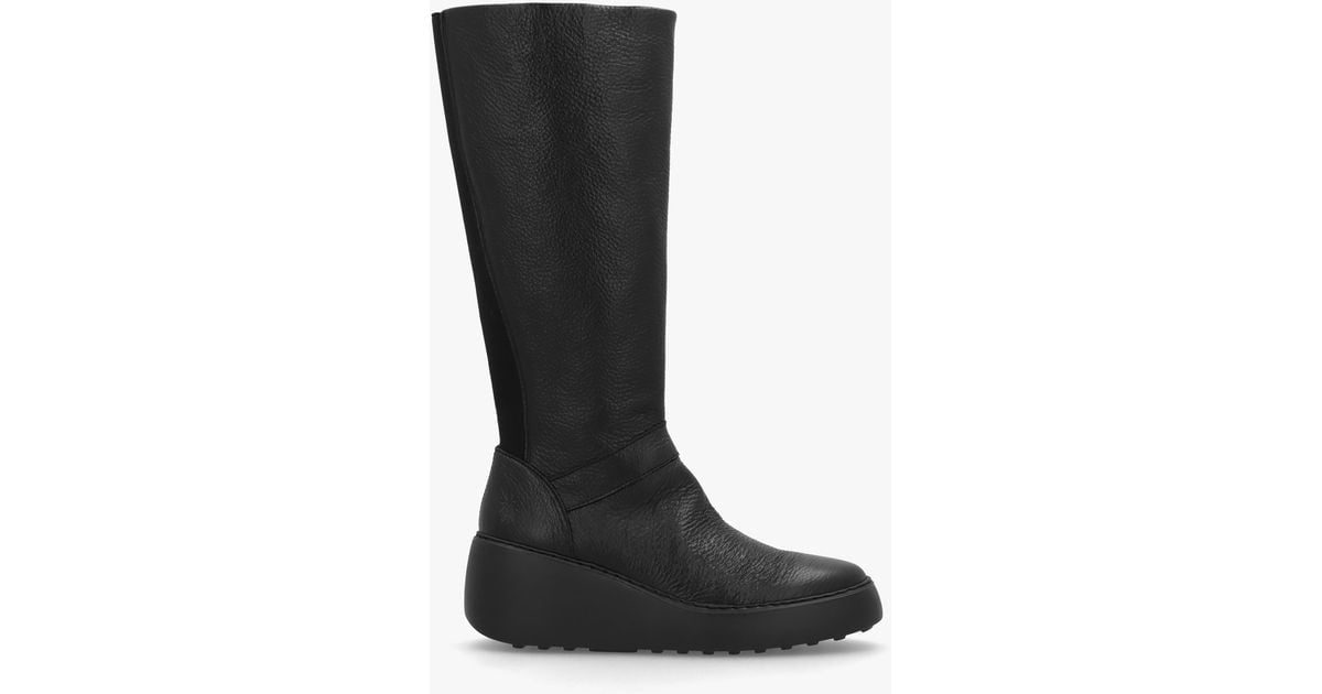 Fly London Dova Black Full Grain Leather Wedge Knee Boots | Lyst