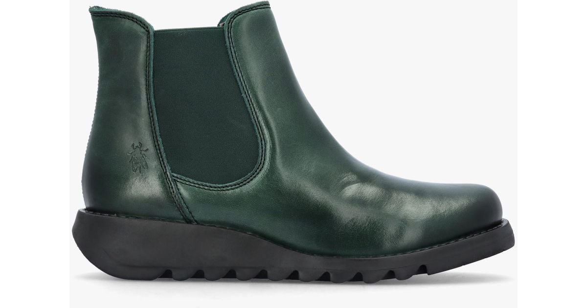 Fly London Salv Petrol Rug Leather Wedge Chelsea Boots in Green | Lyst