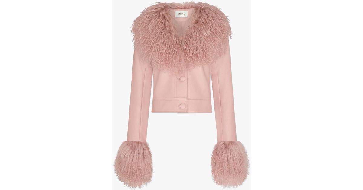 Charlotte Simone Cropped Penny Dust Pink Mongolian Trim Jacket | Lyst