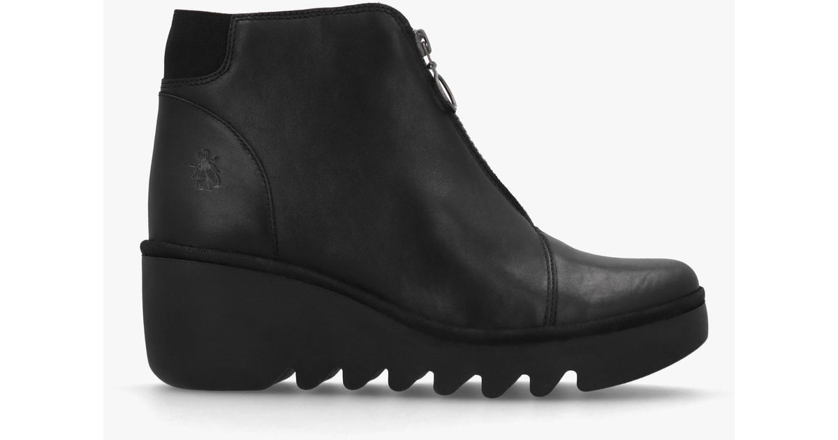 Fly London Baaz Black Leather Front Zip Wedge Ankle Boots | Lyst