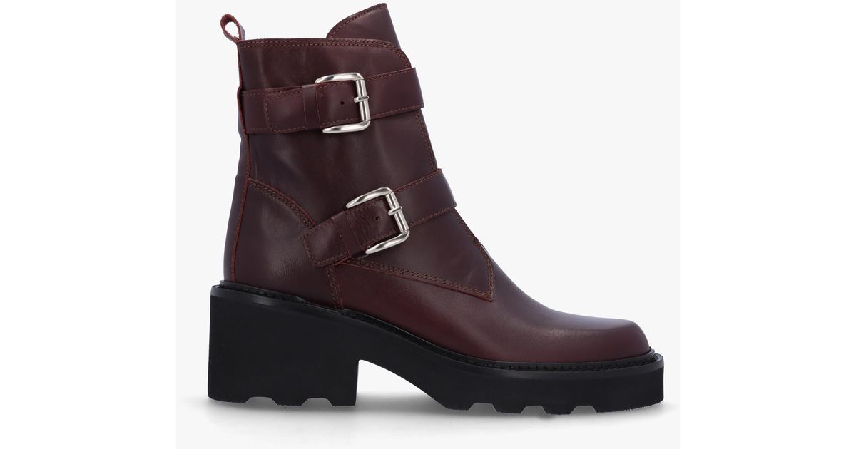 Alpe Arose Burgundy Leather Double Buckle Ankle Boots in Brown | Lyst