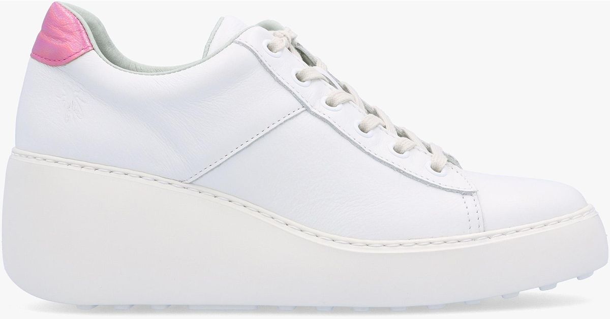 Fly London Delf White Pink Leather Wedge Trainers | Lyst