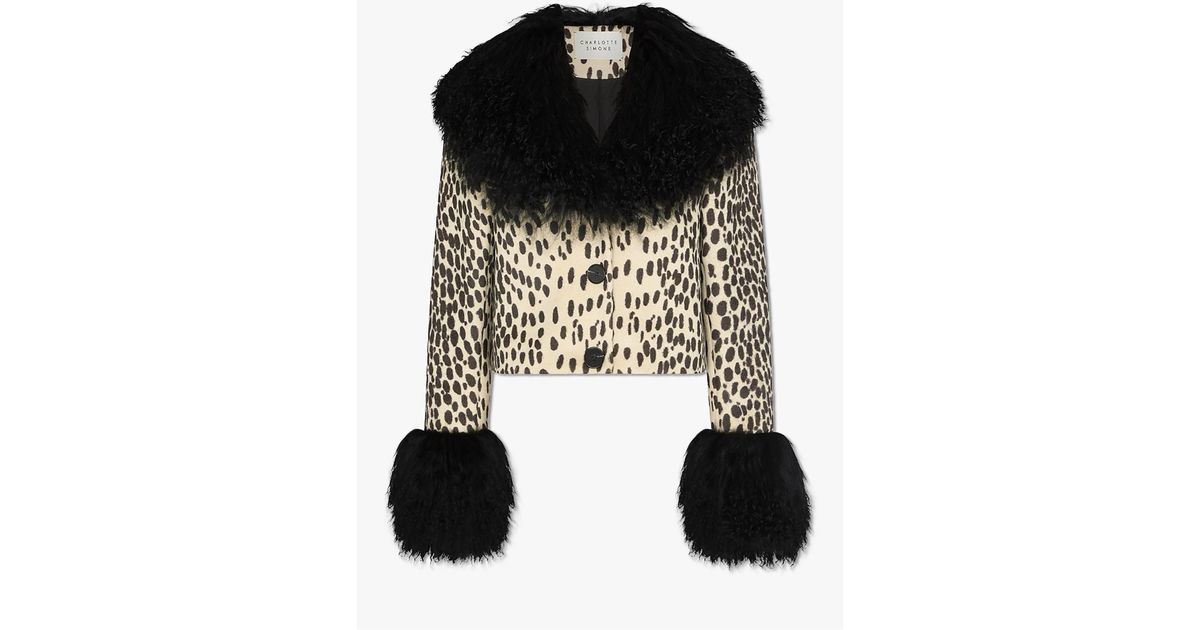 Charlotte Simone Cropped Penny Dotty Mongolian Trim Jacket in Black | Lyst