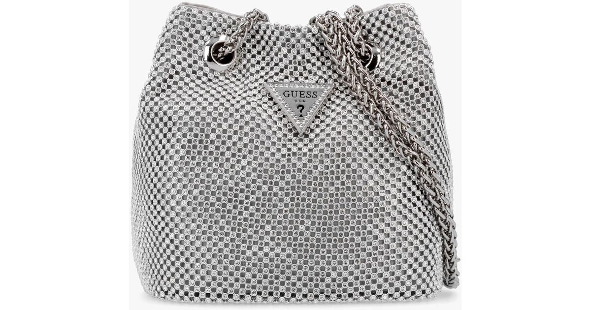 Guess Lua Silver Diamante Chain Mesh Pouch in Gray | Lyst
