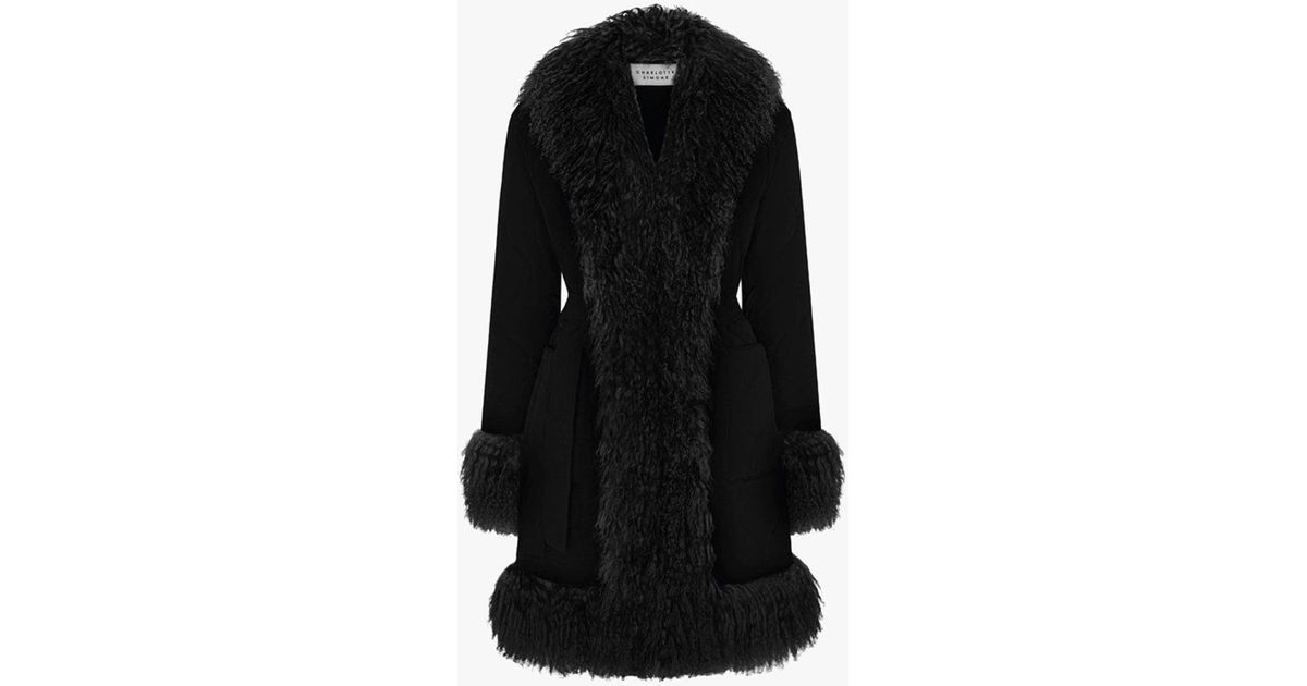 Charlotte Simone Little Puff Black Nylon Shearling Trim Jacket | Lyst