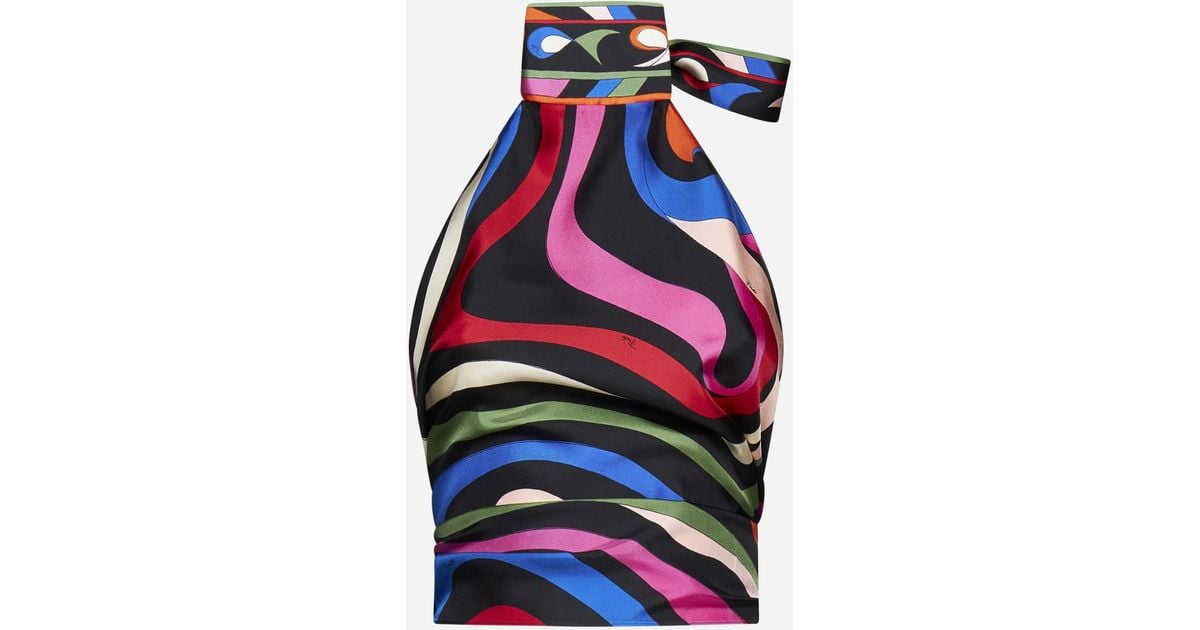 PUCCI Print Silk Halter Top in Blue | Lyst