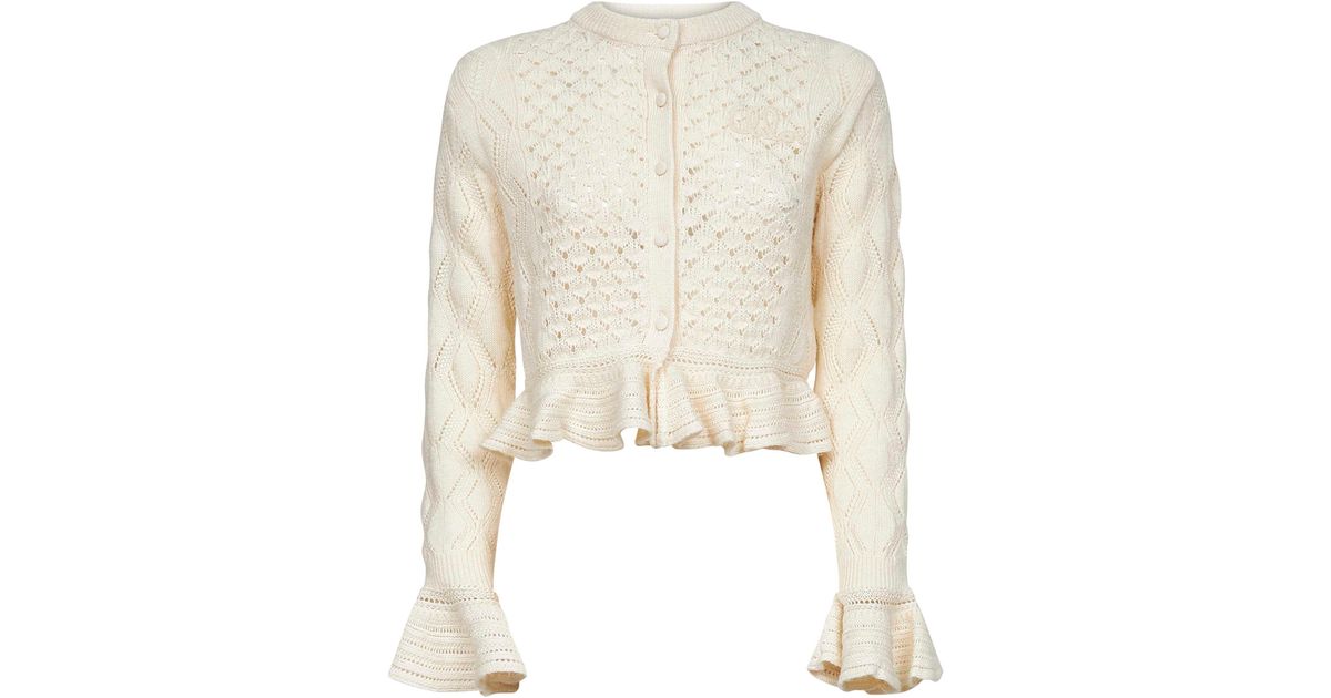 Chloé Ivory Knit Ruffled Logo Cardigan in White | Lyst