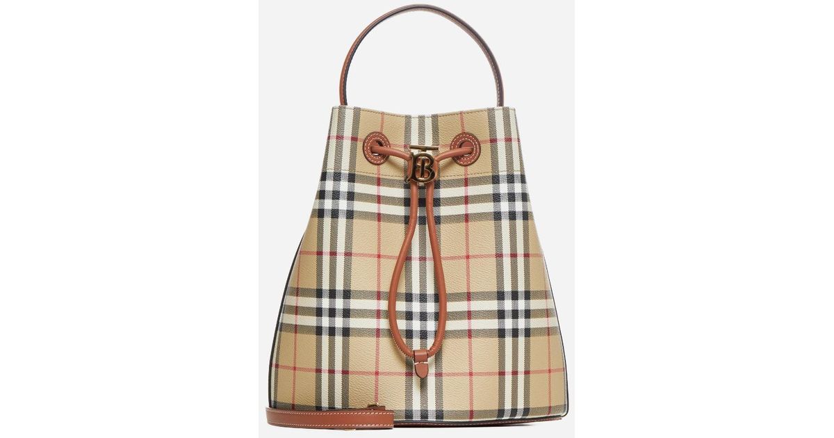 Burberry Check Canvas Small Bucket Bag in White | Lyst