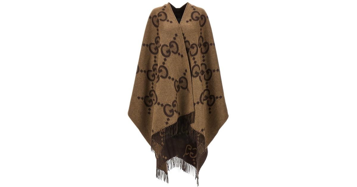 Gucci Fringed Reversible Cashmere Cape in Brown | Lyst