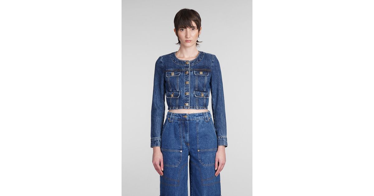 Self-Portrait Padded-shoulder Cropped Denim Jacket in Blue | Lyst
