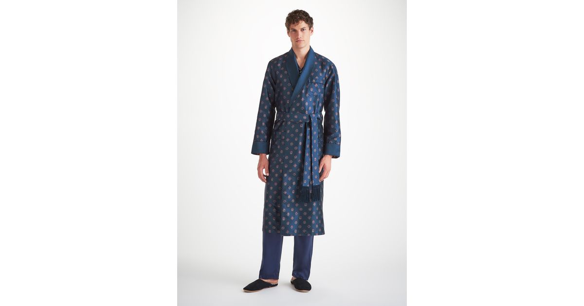 Derek Rose Dressing Gown Silk Jacquard Badge Pattern in Blue for Men | Lyst