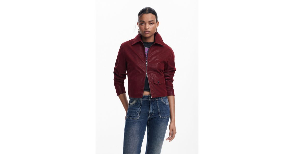 Desigual Shiny Faux Leather Jacket in Red | Lyst