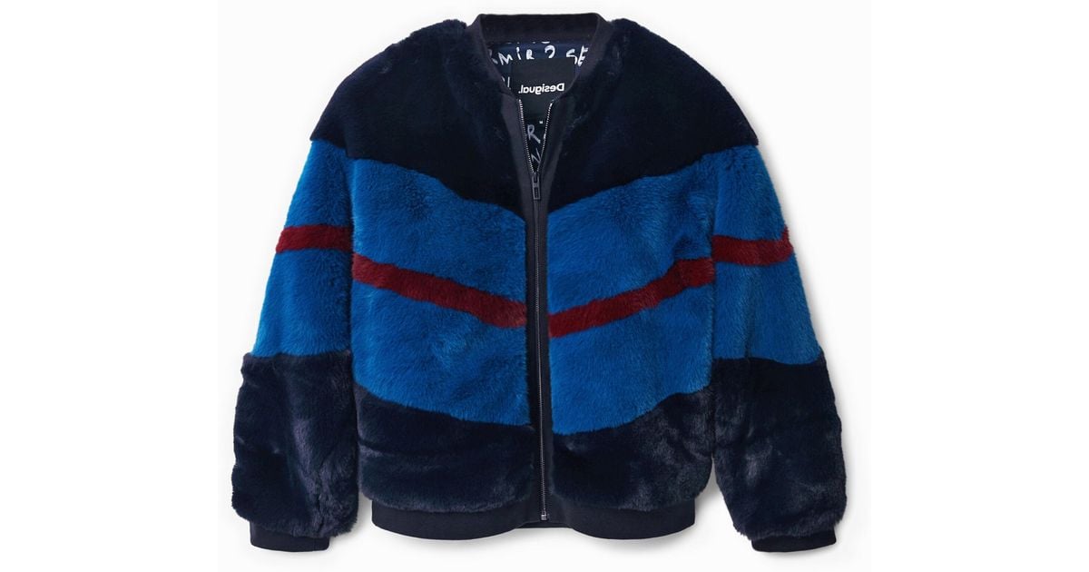 Desigual Fur-Effect Bomber Jacket, Polyester in Blue | Lyst UK