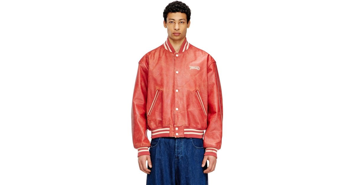 DIESEL Leather Bomber Jacket With Logo in Red | Lyst UK