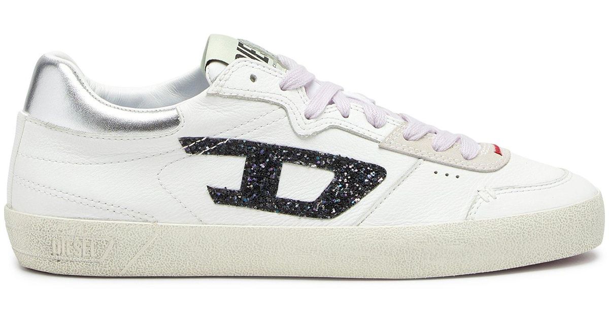 DIESEL S-Leroji-Leather Sneakers With Glitter Logo in White | Lyst