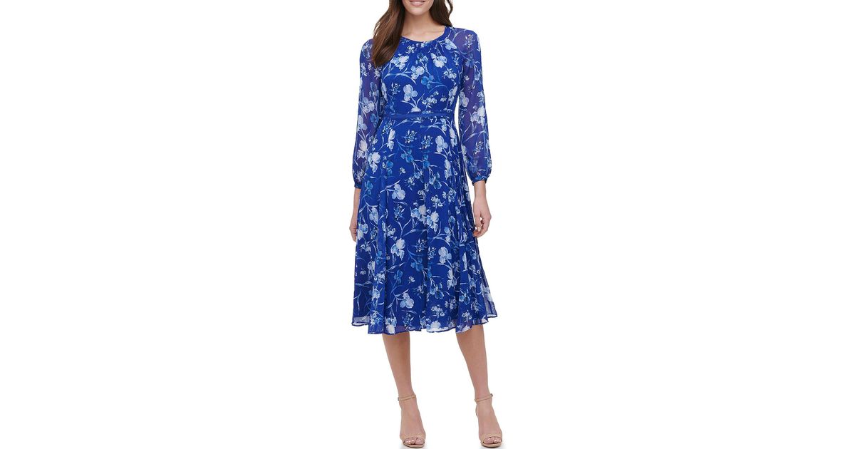 Tommy Hilfiger Floral Print 34 Sheer Balloon Sleeve Chiffon Midi Dress