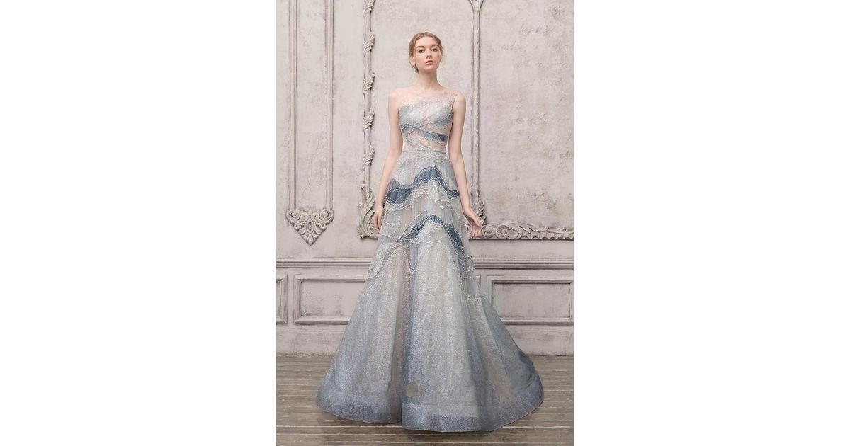 The Atelier Couture One Shoulder Illusion Bell Gown in Gray | Lyst