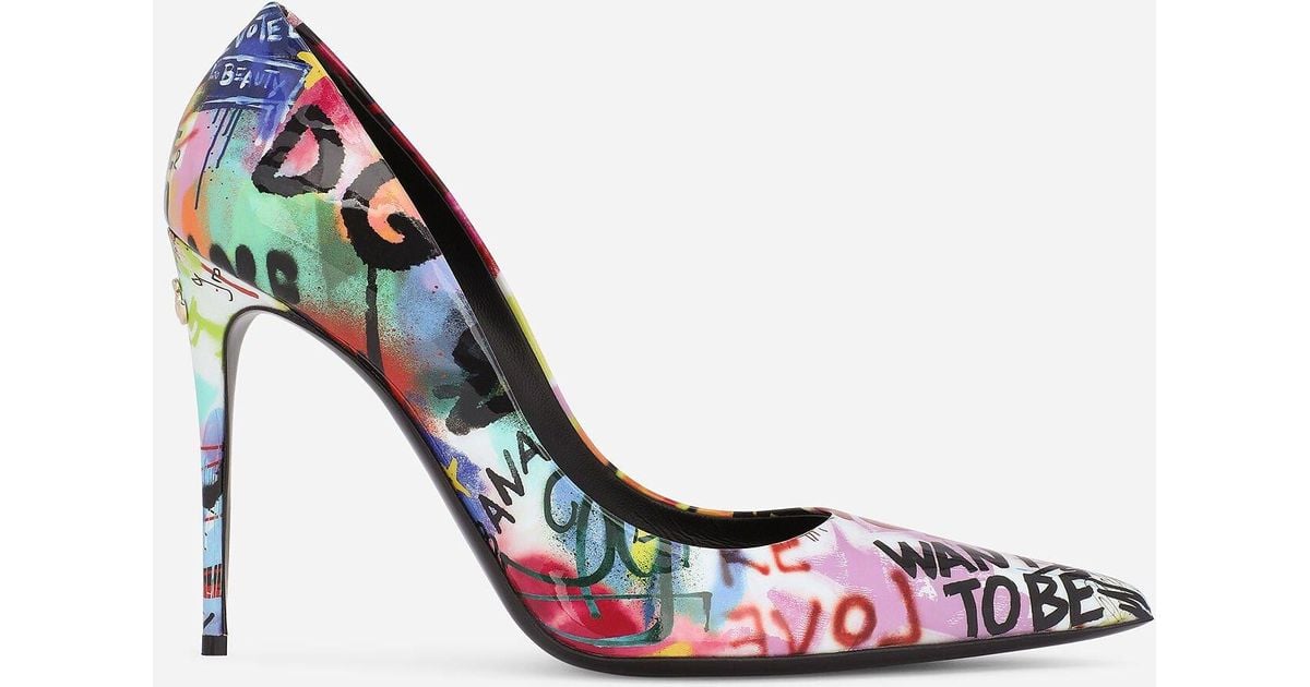 Dolce And Gabbana Graffiti Print Patent Leather Pumps In White Lyst
