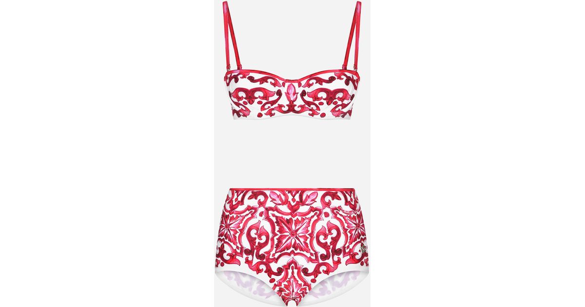 Dolce And Gabbana Balconette Bikini Mit Panty Majolika Print In Rot Lyst De