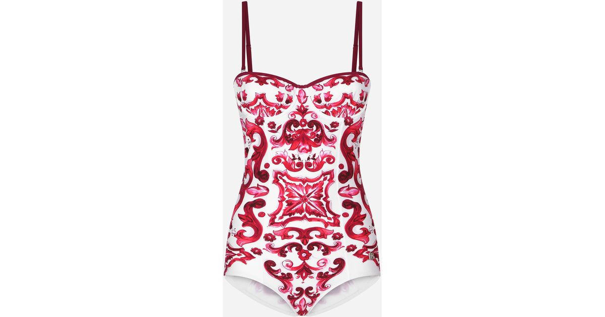 Dolce And Gabbana Majolica Print Balconette One Piece Swimsuit In Red Lyst