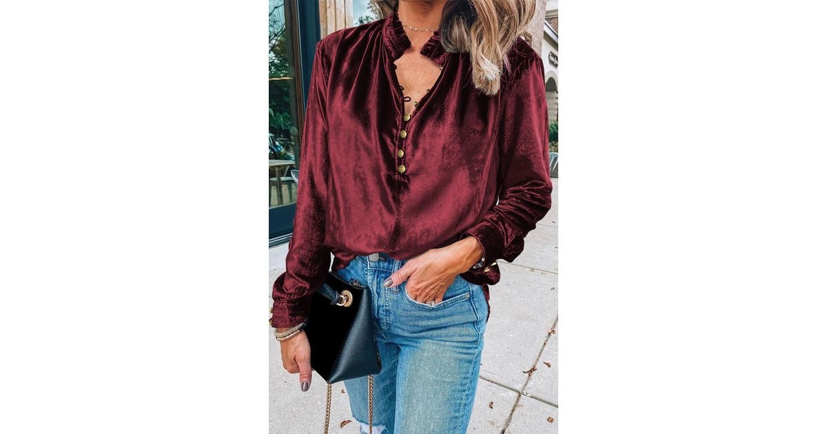 Everyday the Label Biking Frilled Neck Buttoned Front Velvet Top in Red ...