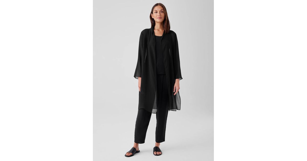 Eileen Fisher Sheer Silk Georgette High Collar Jacket in Black | Lyst