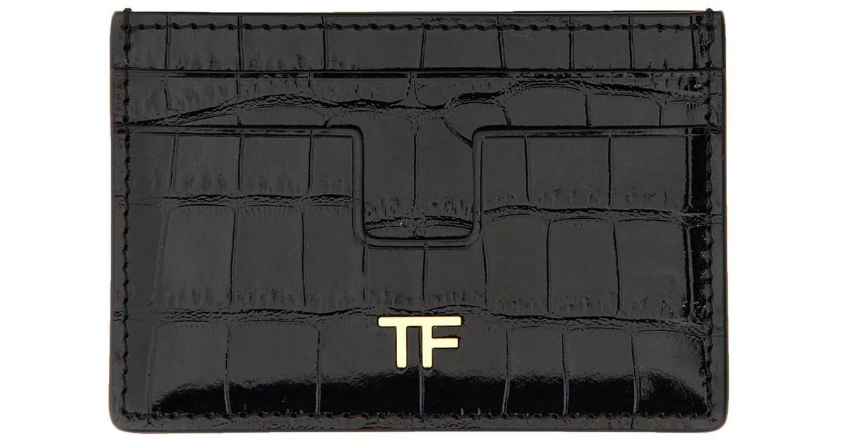 Tom Ford Croc Leather Logo Card Holder in Black | Lyst