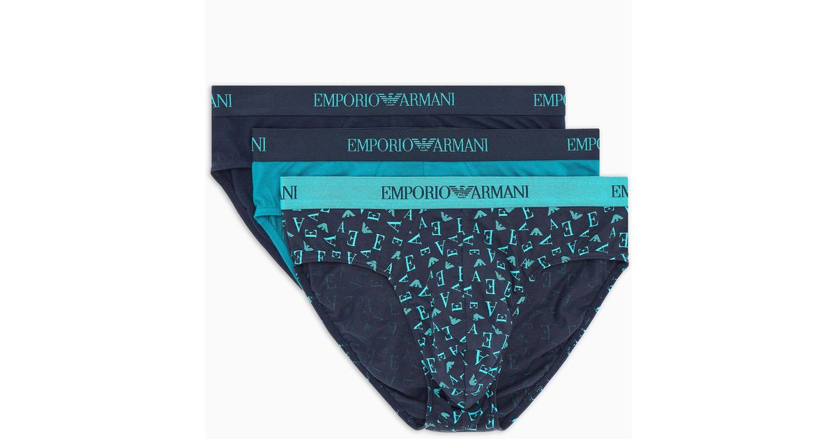 Emporio Armani Three-Pack Of Pure Cotton Jersey Briefs in Blue for Men ...
