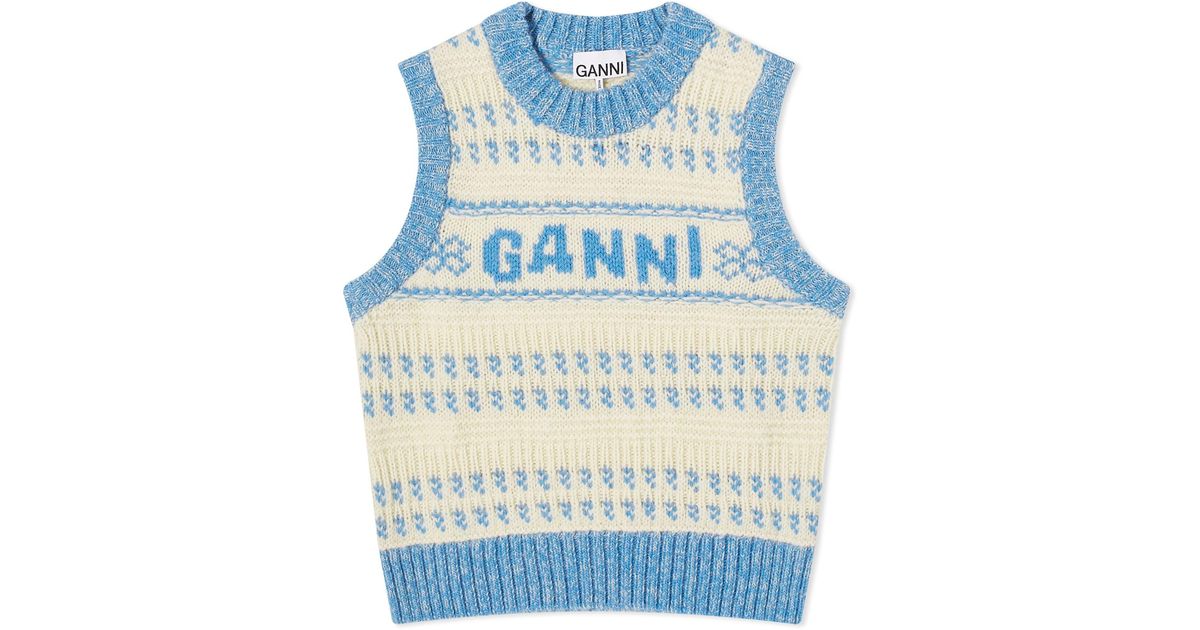 Ganni Graphic Lambswool O-Neck Vest in Blue | Lyst
