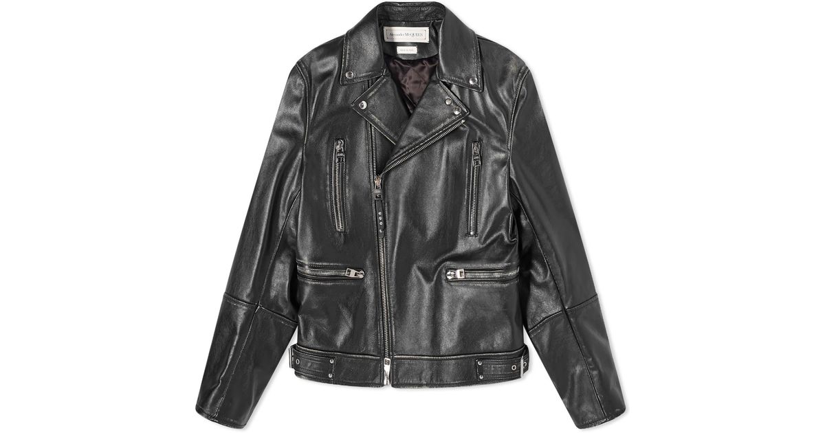 Alexander McQueen Distressed Essential Leather Biker Jacket in Black ...