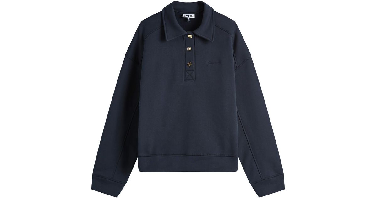Ganni Heavy Fleece Drop Shoulder Polo in Blue | Lyst