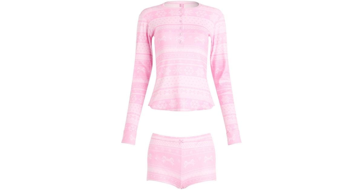 Skims Plush Pointelle Henley & Short Set in Pink | Lyst UK