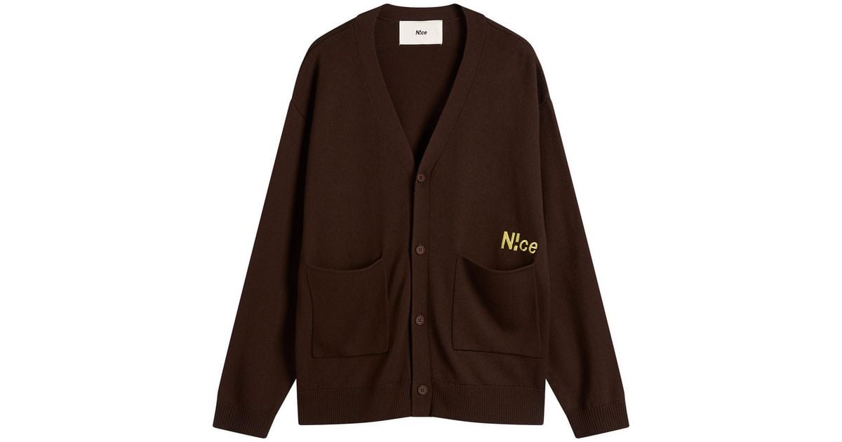 N!CE Embroidered Logo Knit Cardigan in Brown for Men | Lyst UK