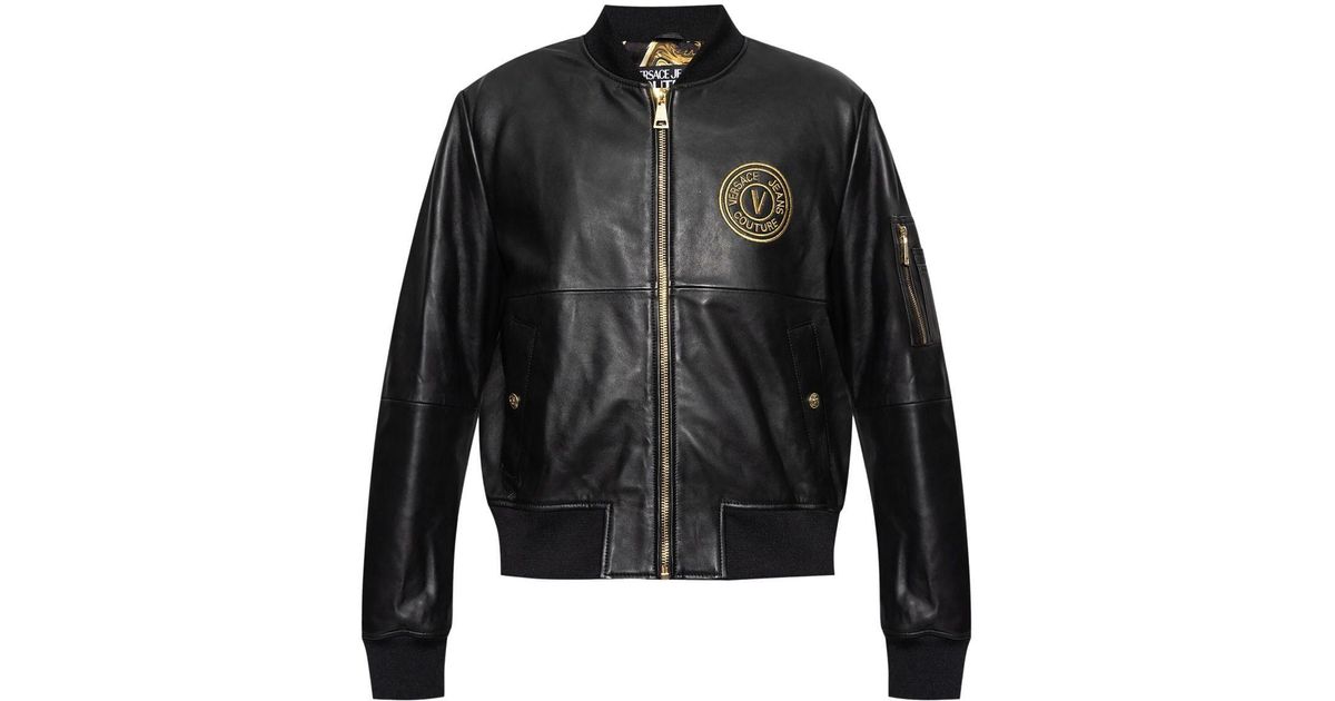 Versace V-Emblem Leather Bomber Jacket in Black for Men | Lyst