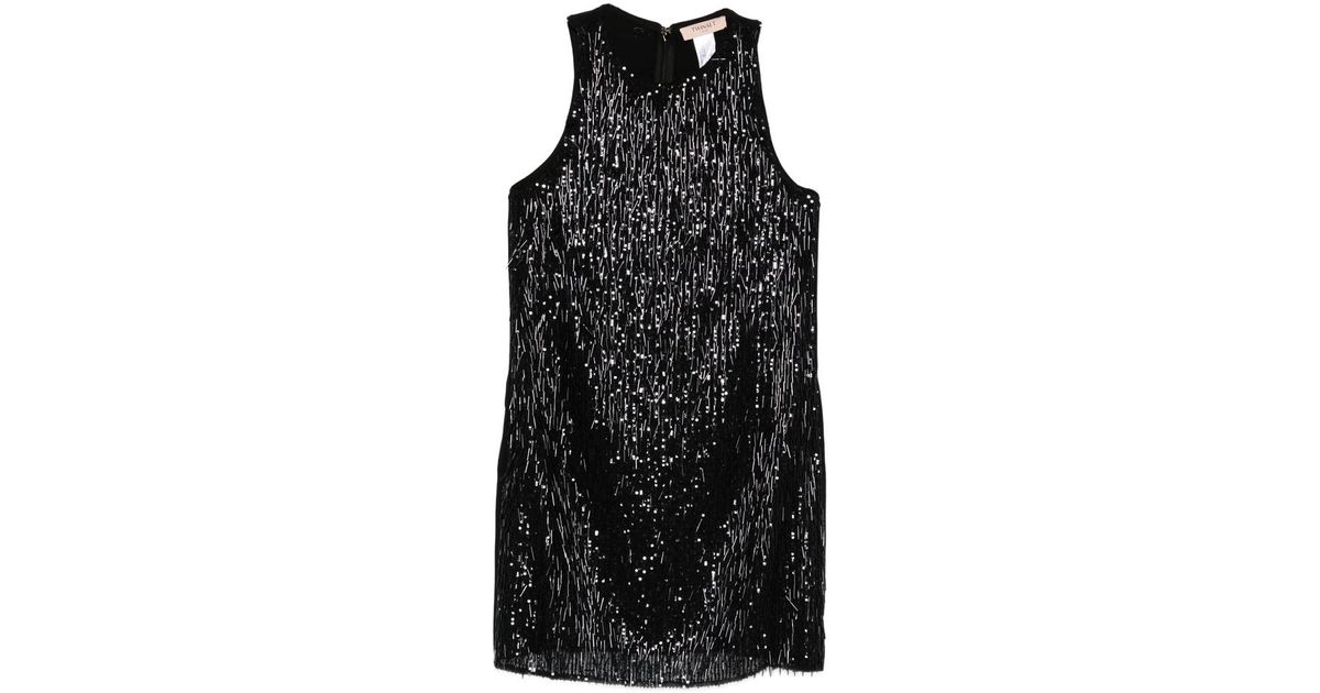 Twinset Sequinned Fringed Mini Dress in Black | Lyst UK