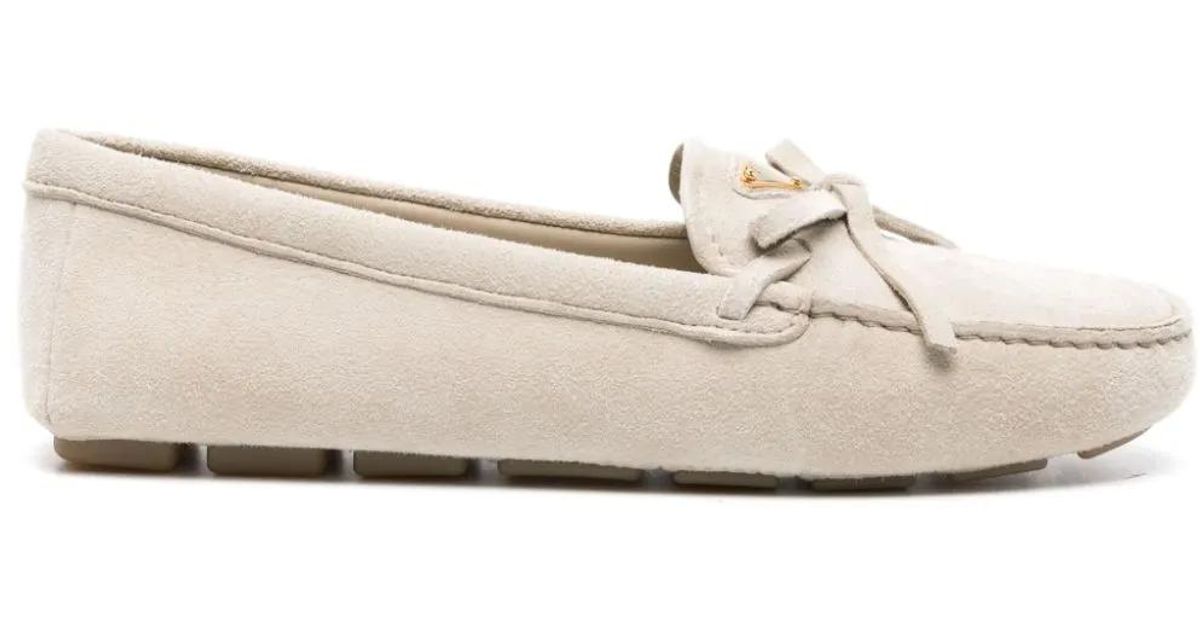 Prada Triangle-Logo Suede Loafers in Natural | Lyst
