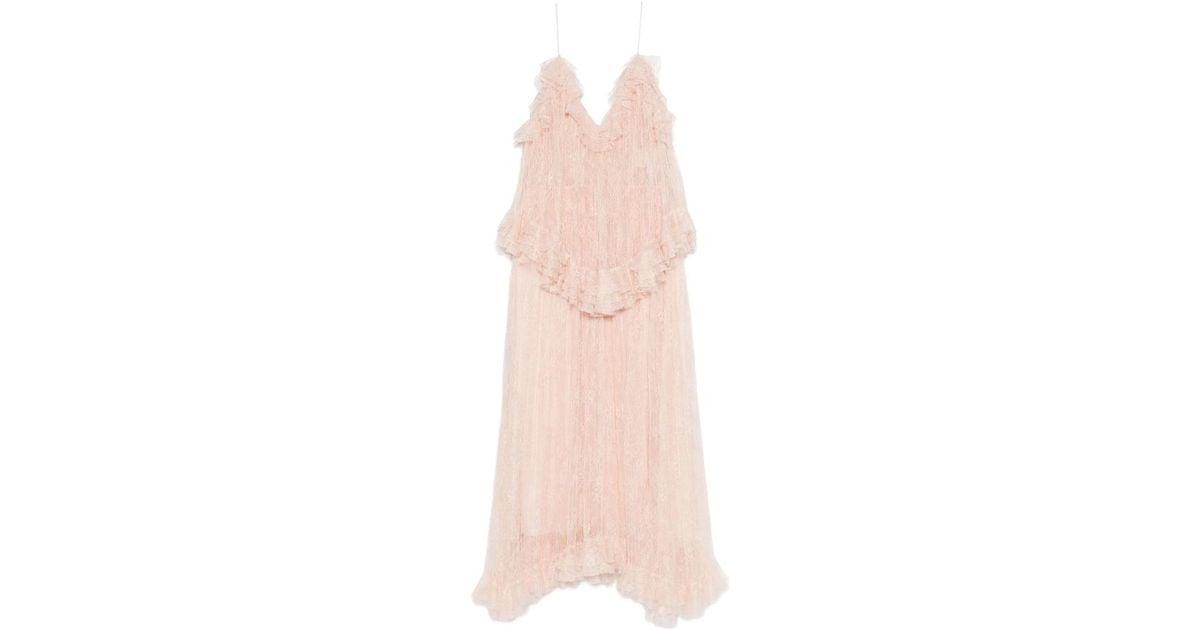 Alberta Ferretti Ruffled Lace Midi Dress in Pink | Lyst UK