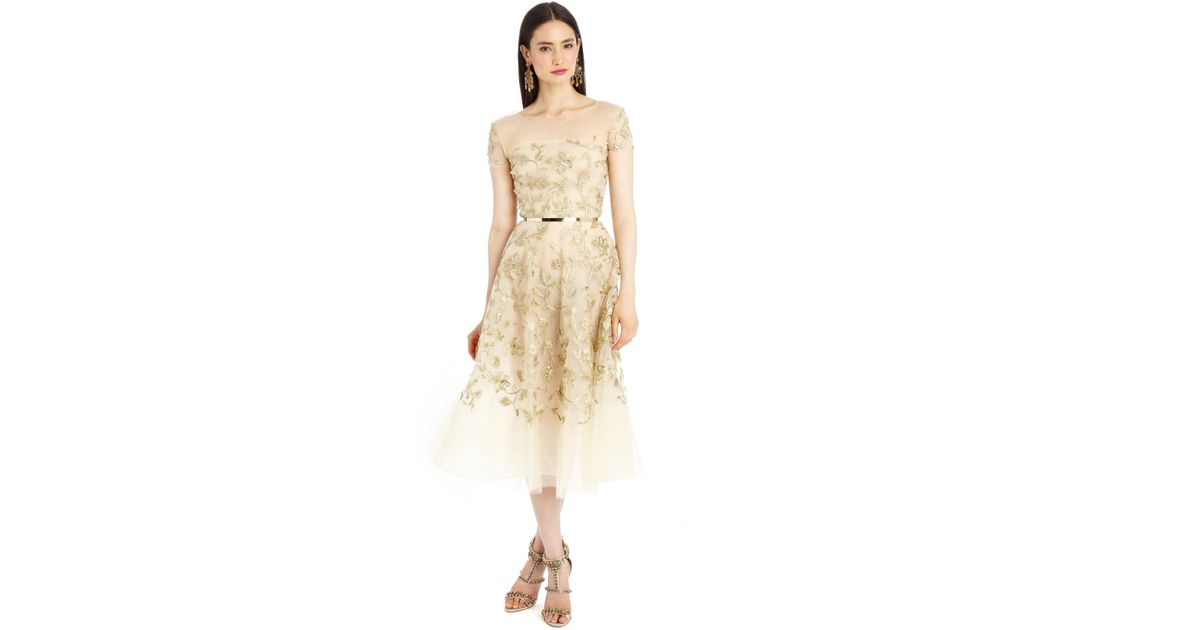 Oscar De La Renta Gold Floral Embroidered Tulle Dress In Metallic Lyst