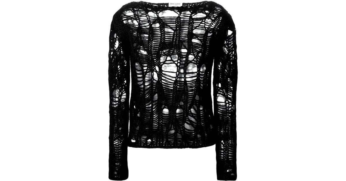 Saint Laurent Distressed Knit Sweater in Black | Lyst