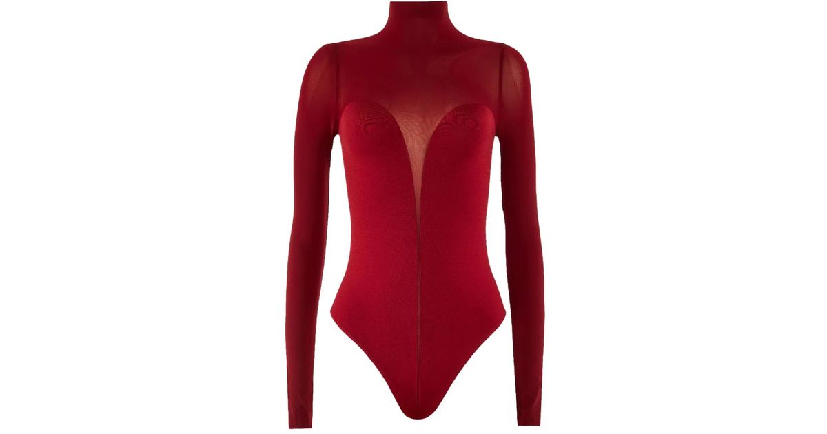 Wolford High-Neck Sheer-Panel Bodysuit in Red | Lyst UK