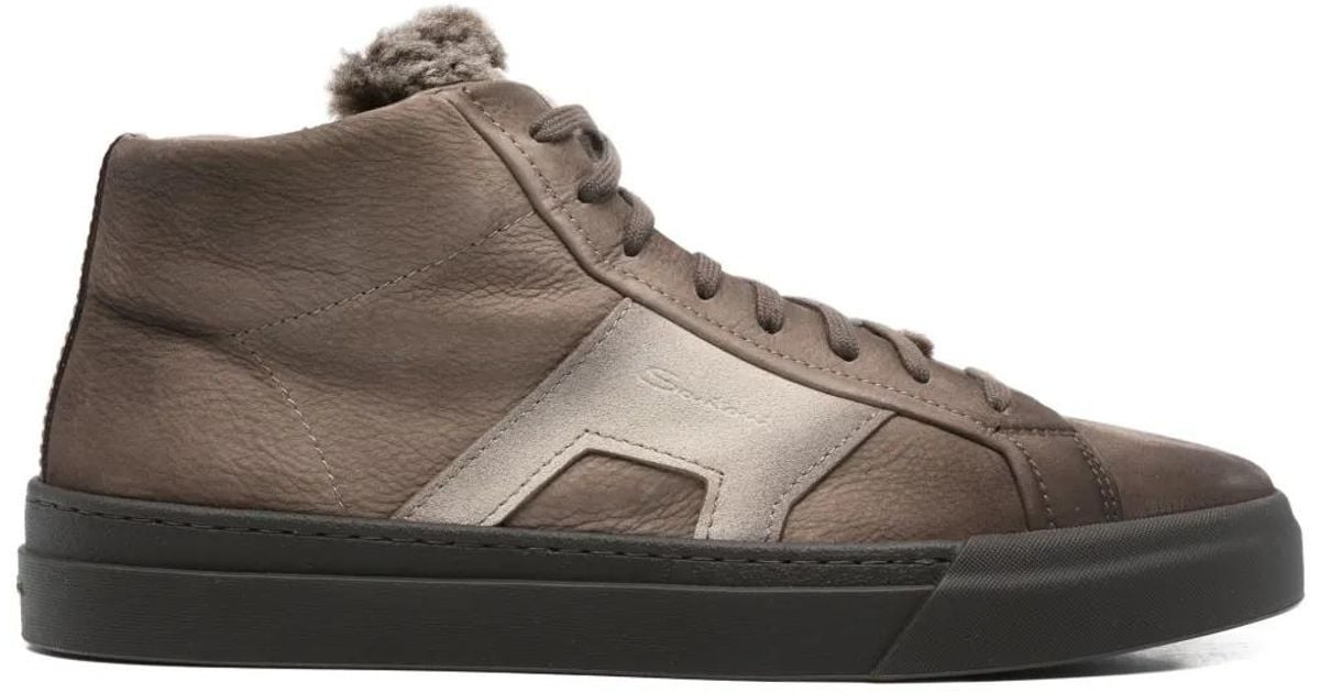 Santoni Leather Shearling Sneakers in Brown for Men | Lyst