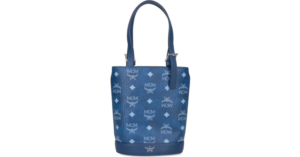 MCM Mini Logo-Print Tote Bag in Blue | Lyst