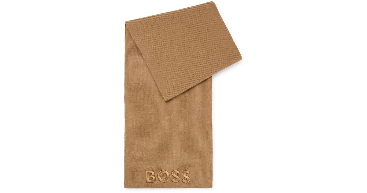 BOSS Logo-Embroidered Virgin-Wool Scarf in Brown | Lyst UK