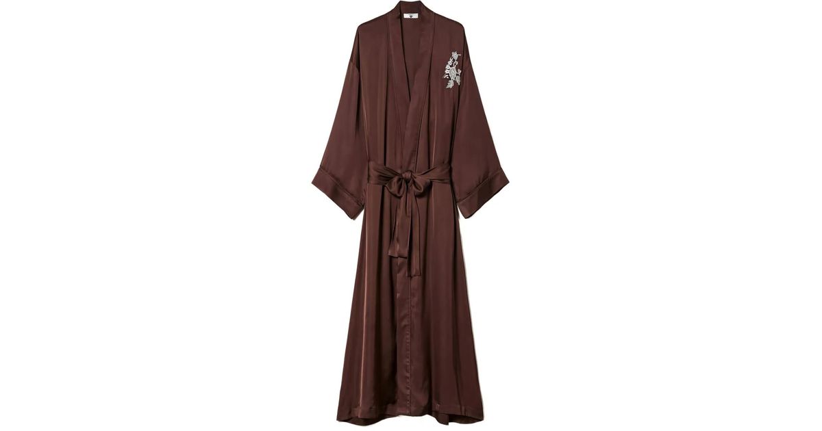 Twinset Embroidered Satin Dressing Gown in Brown | Lyst UK
